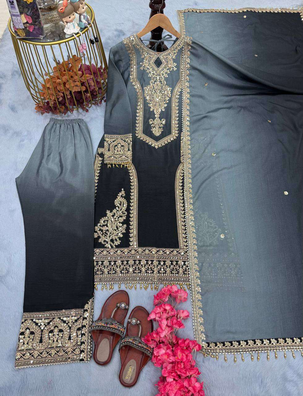 Women’s Chinon Silk Embroidery Straight Pakistani Salwar Suit and ...